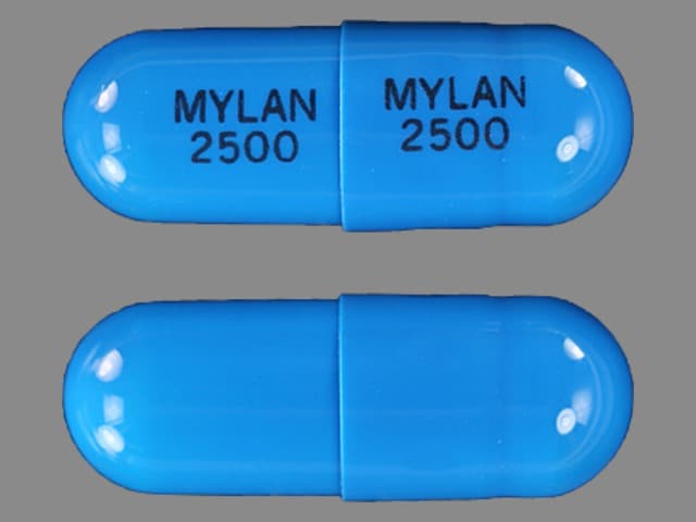 Pill Finder: MYLAN 2500 MYLAN 2500 Blue Capsule-shape - Medicine.com