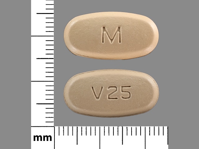 Pill Finder: M V25 Beige Elliptical / Oval - Medicine.com