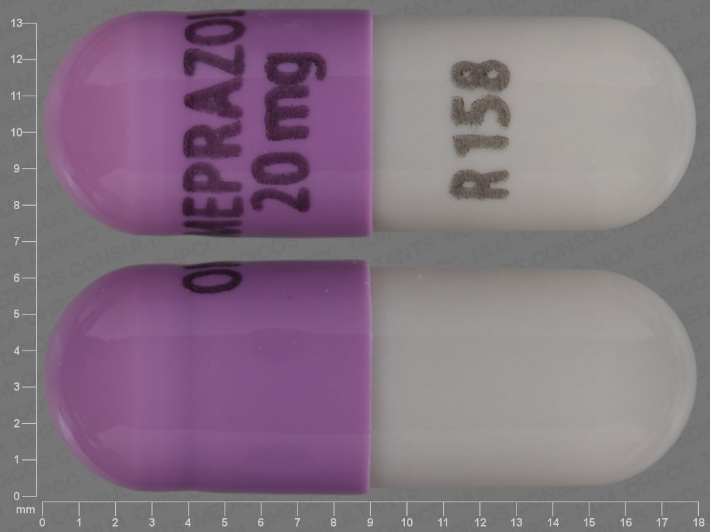 Pill Finder: OMEPRAZOLE 20mg R158 Purple Capsule-shape - Medicine.com
