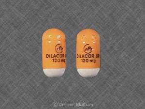 Pill Finder: Logo DILACOR XR 120 mg Gold Capsule-shape - Medicine.com