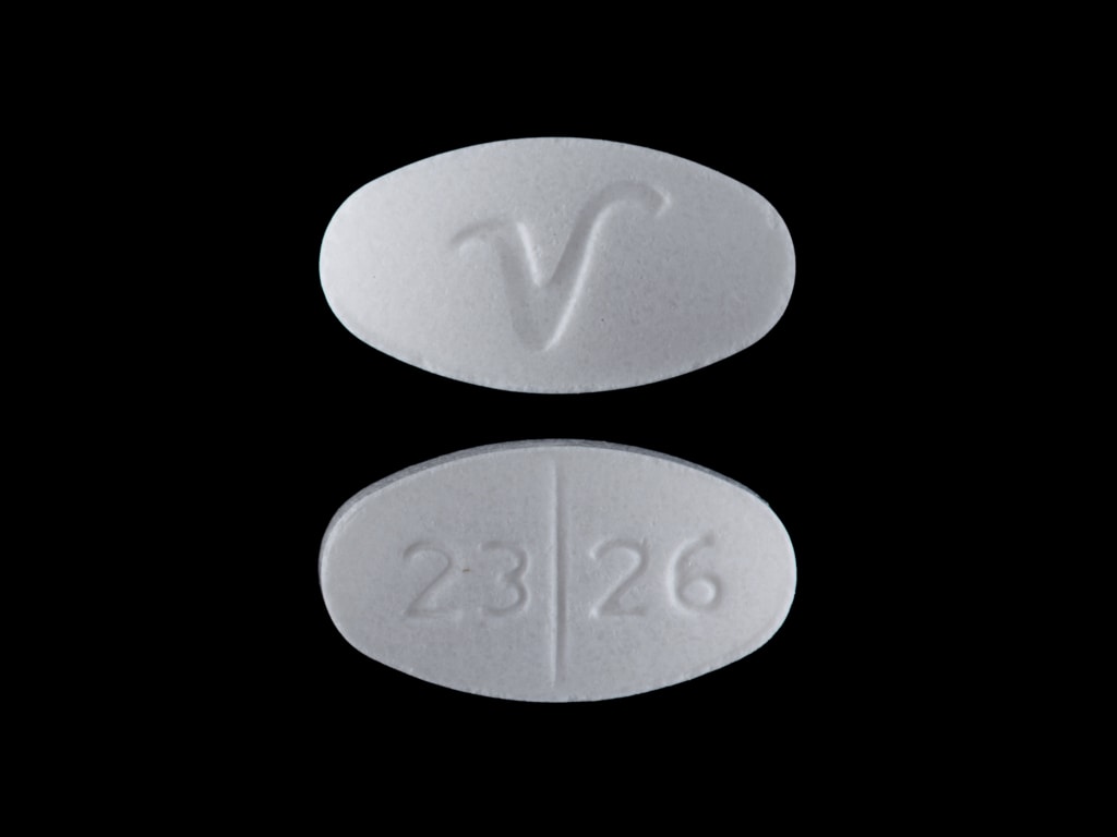 Pill Finder: V 23 26 White Elliptical / Oval - Medicine.com