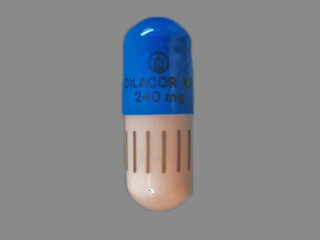 Pill Finder: Logo DILACOR XR 240 mg Blue Capsule-shape - Medicine.com